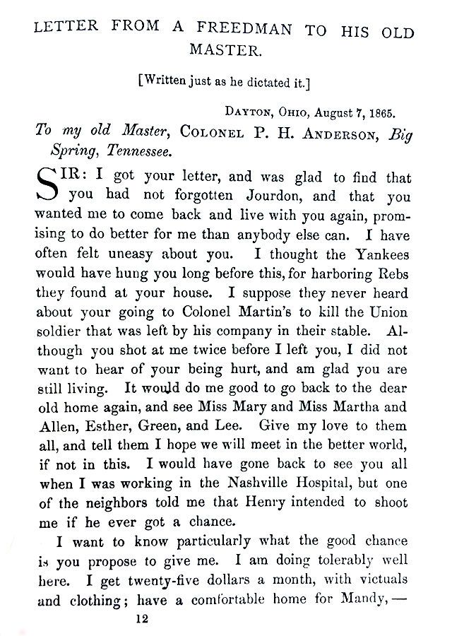 Jourdon Anderson calculates his back pay – Short readings